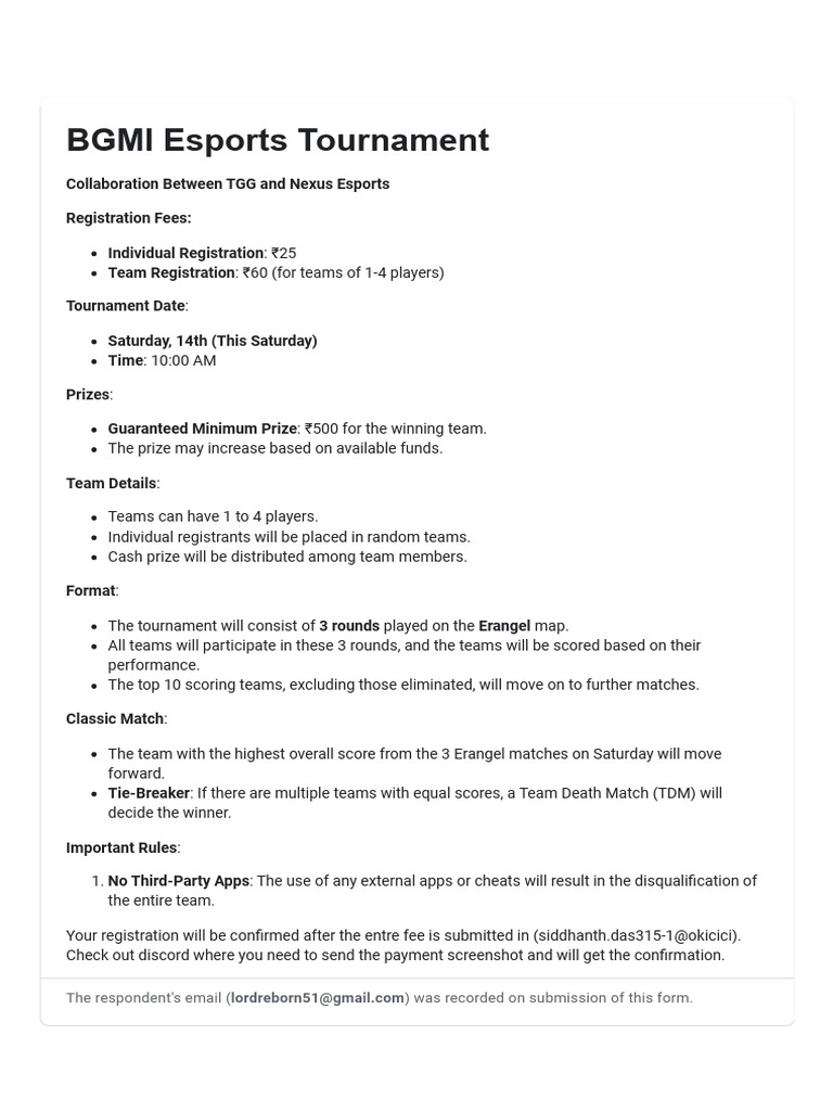 BGMI Esports Tournament - Google Forms | PDF