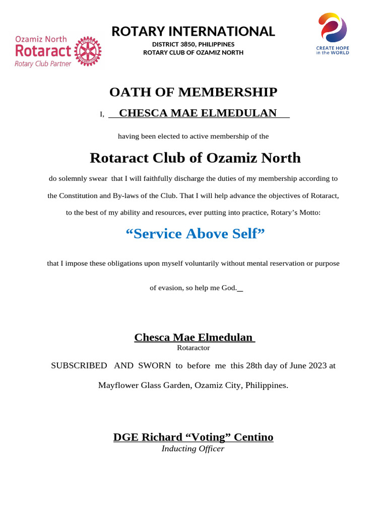 Rotaract Club Membership Oath | PDF | Oath Of Office | State Ritual And ...