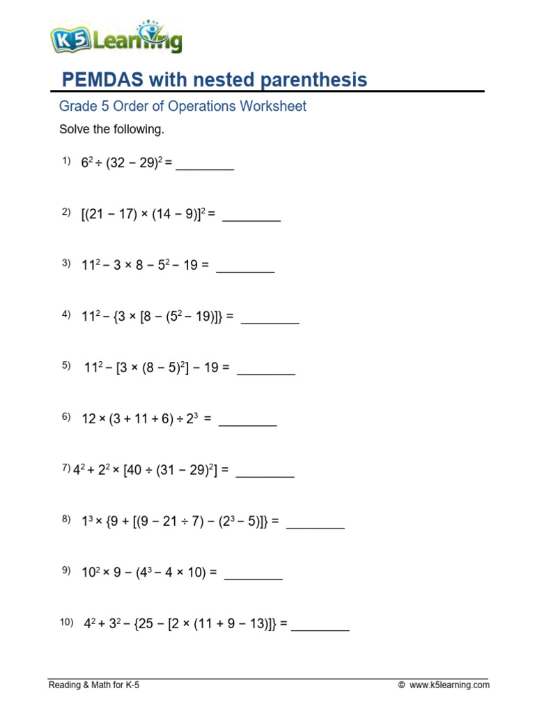 Grade 5 Pemdas Nested Parenthesis A | PDF