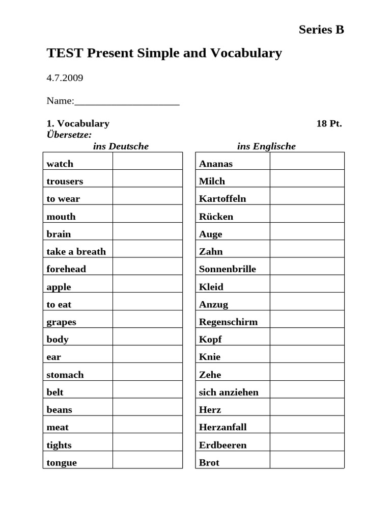 Test Present Simple and Voc 4-9-09 Series B | PDF
