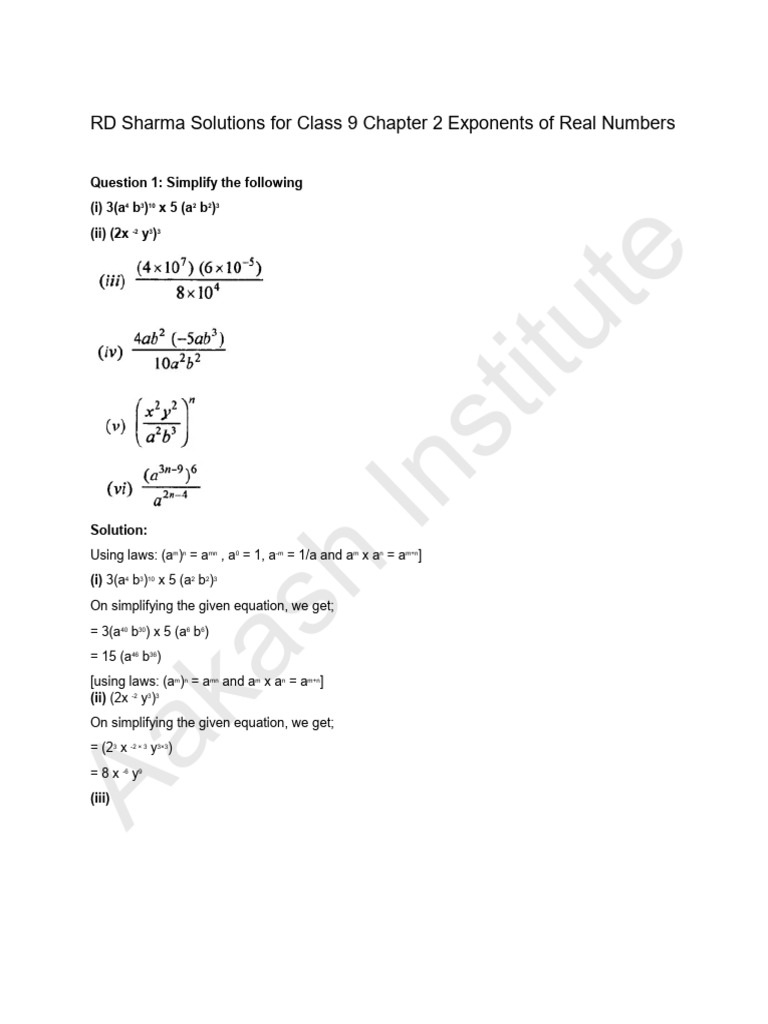 RD Sharma Solutions For Class 9 Chapter 2 Exponents of Real Numbers | PDF