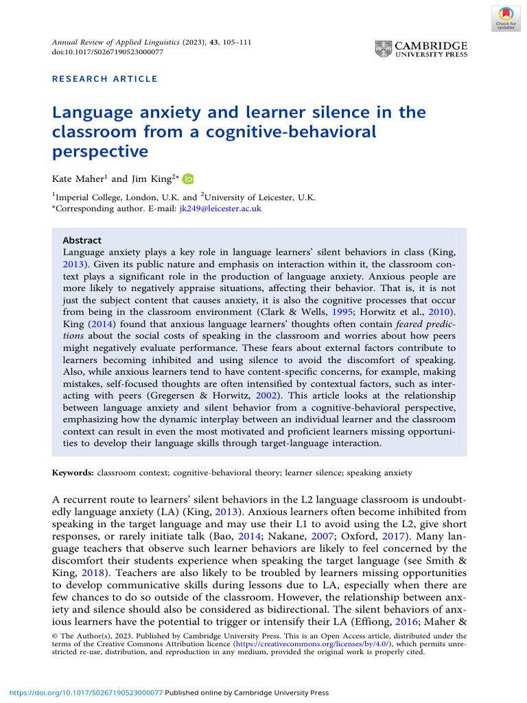 Language Anxiety and Learner Silence in The Classroom From A Cognitive ...