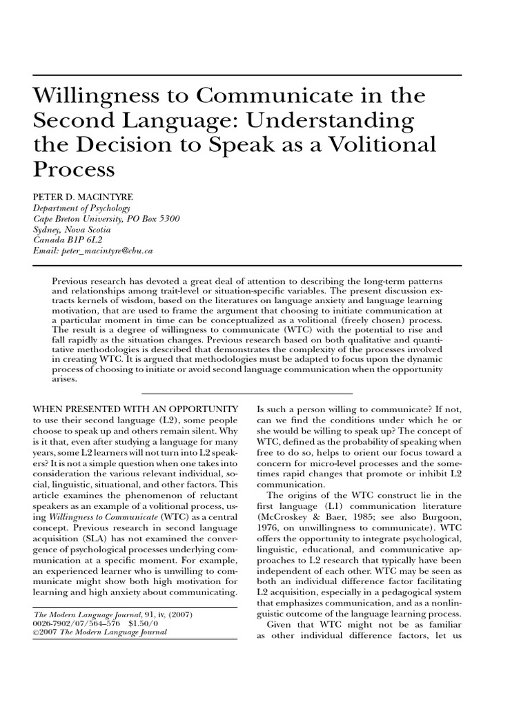 Willingness To Communicate in The Second Language - Understanding The ...