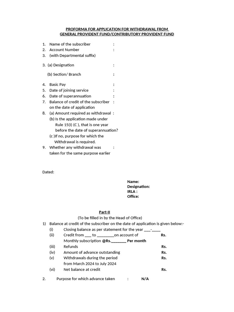 Proforma For Application For Withdrawal From General Provident Fund ...