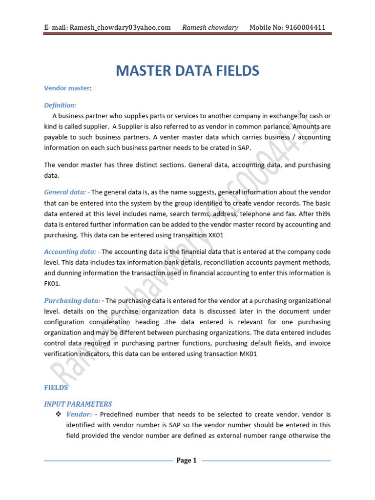Vendor Master Data Fields - 12.11.2021 | PDF