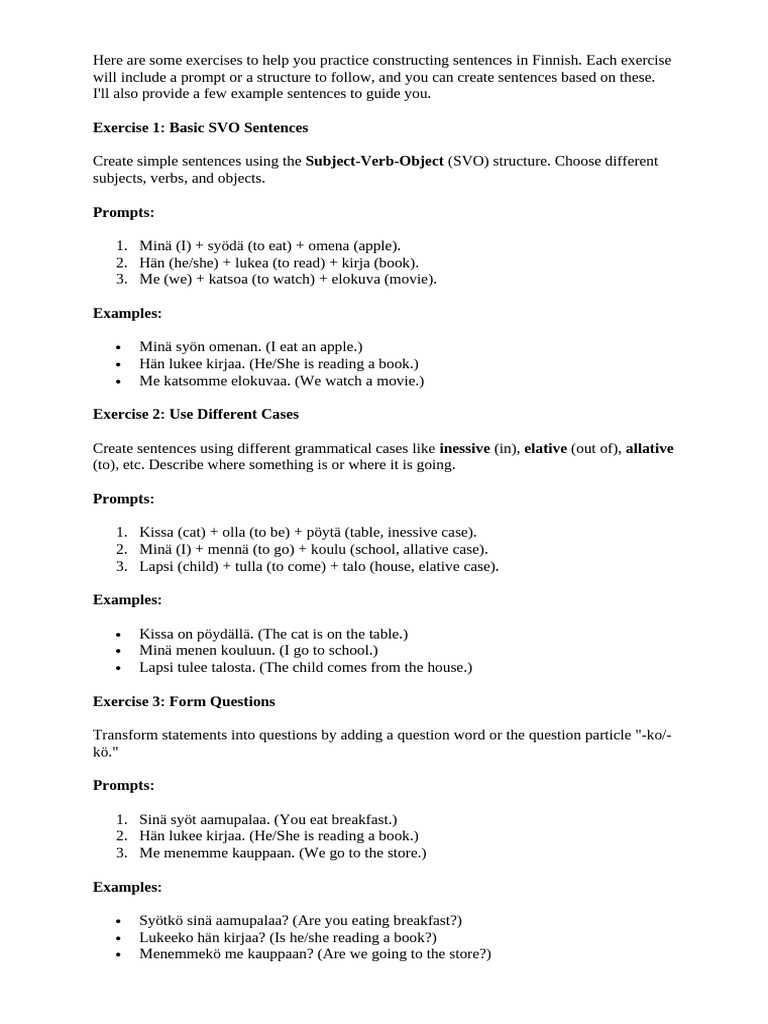 Constructing Sentences in Finnish | PDF