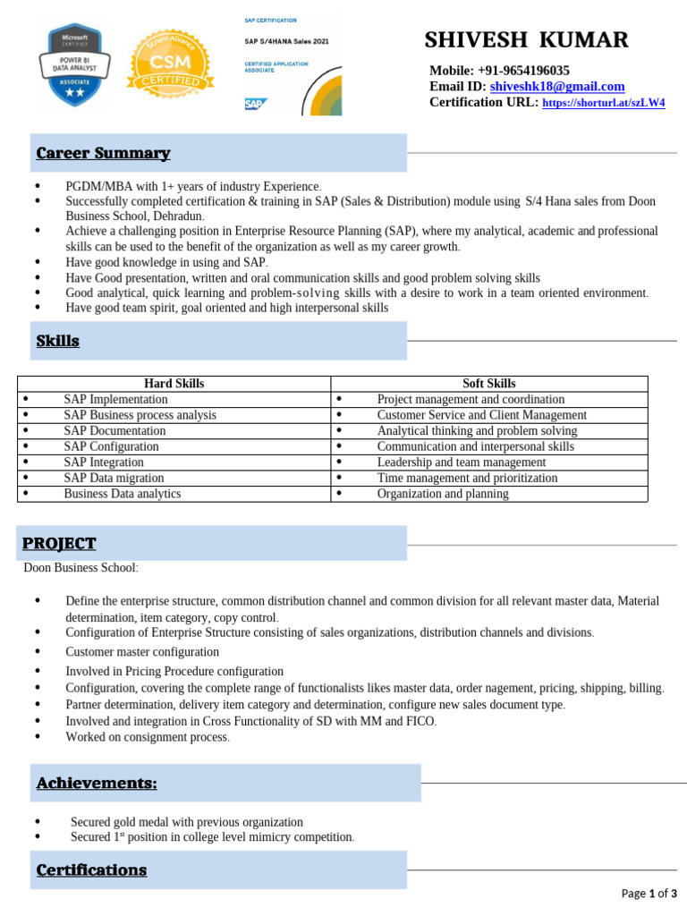 Shivesh SAP CV | PDF