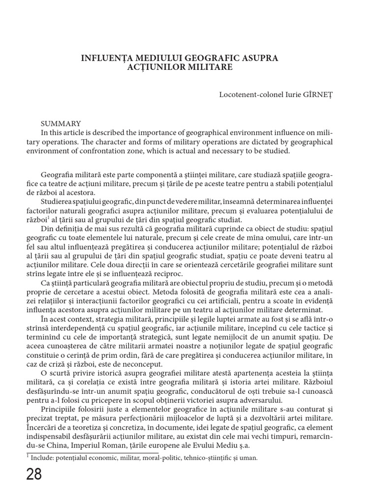 Influenta Mediului Geografic Asupra Actiunilor Militare | PDF