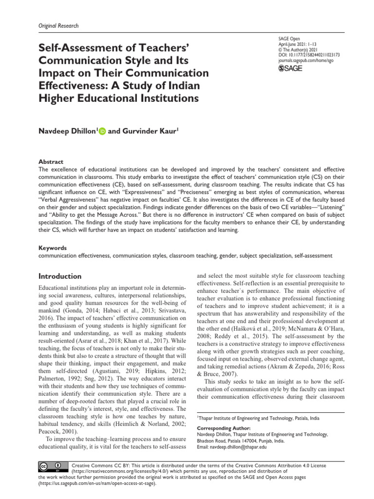 Self-Assessment of Teachers Communication Style A | PDF