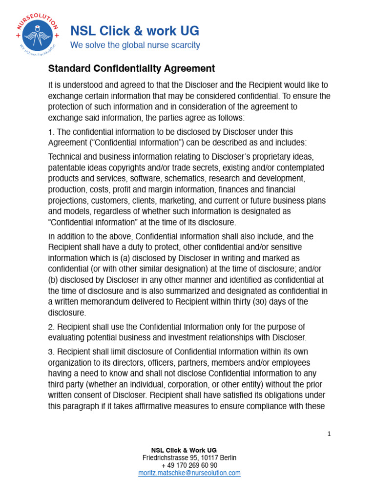 NSL Click & Work UG: Standard Confidentiality Agreement | PDF