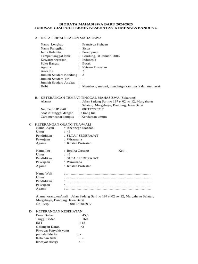 Biodata Mahasiswa 2024 | PDF