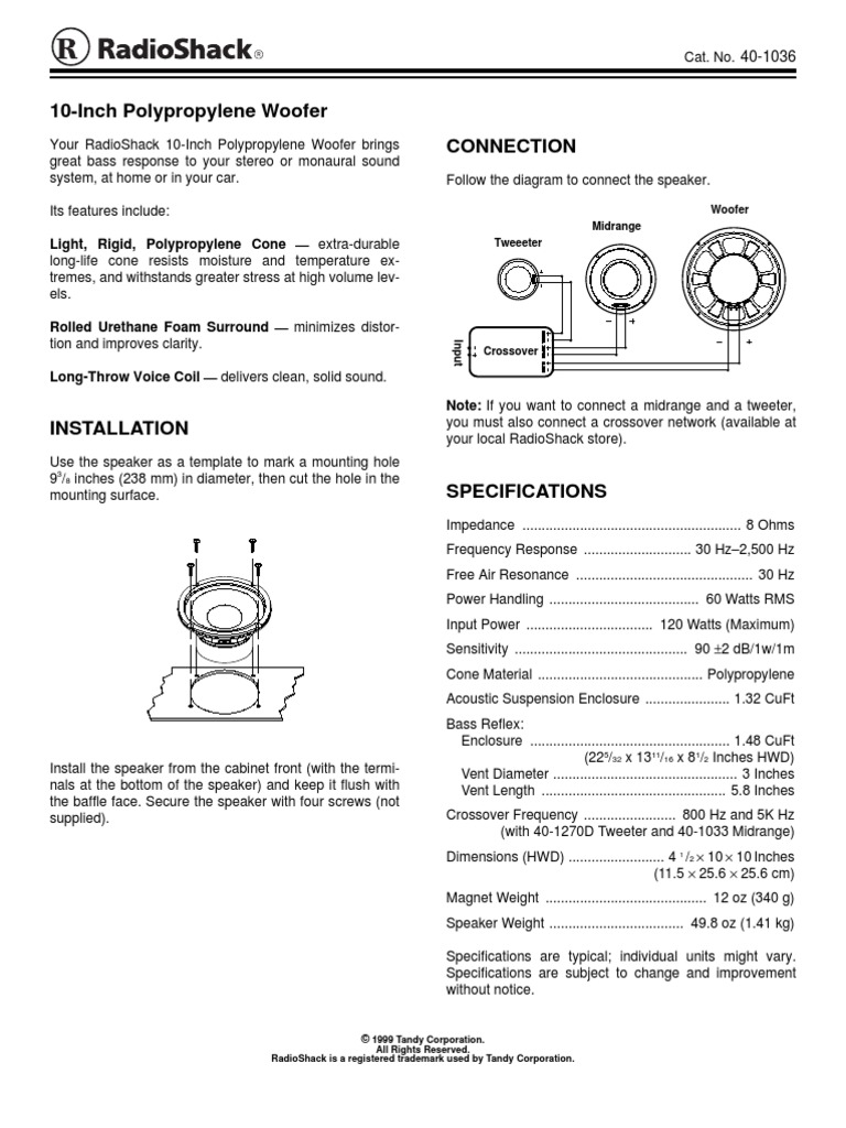 Radio Shack 40-1036 Woofer Specs | PDF | Loudspeaker | Audio Engineering