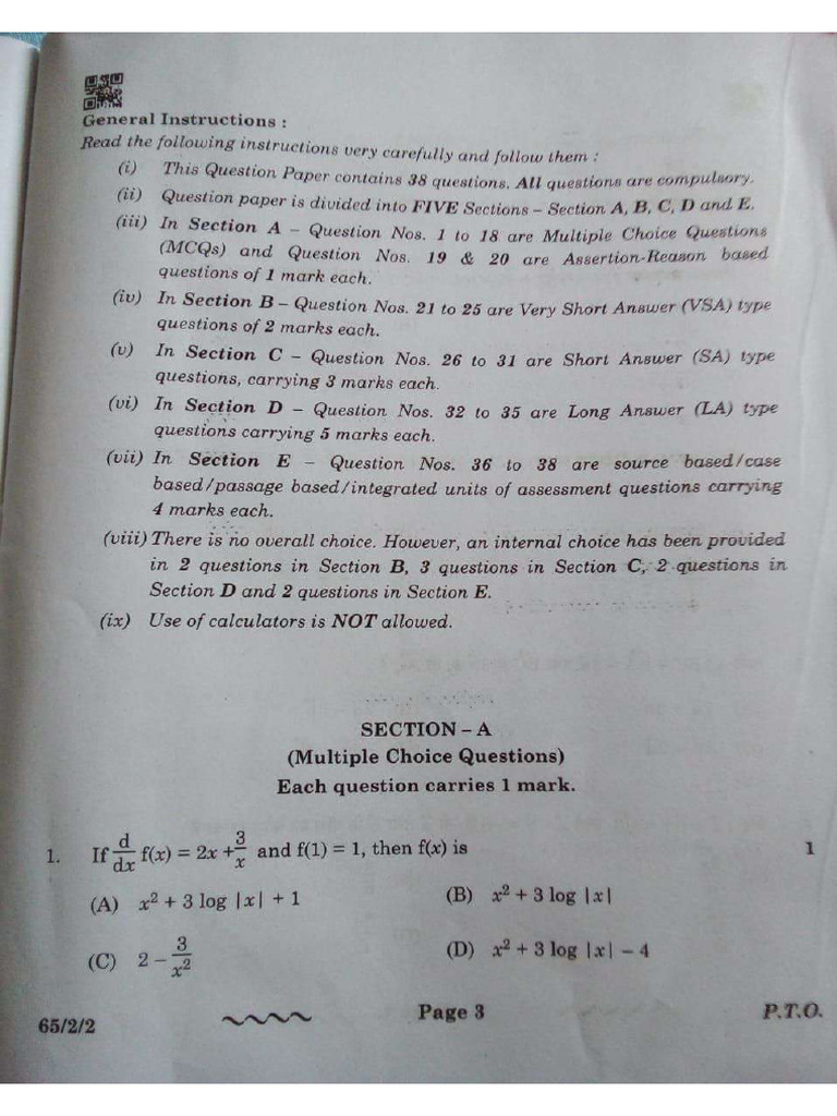 CBSE Class 12 Question Paper Mathematics 2023 | PDF