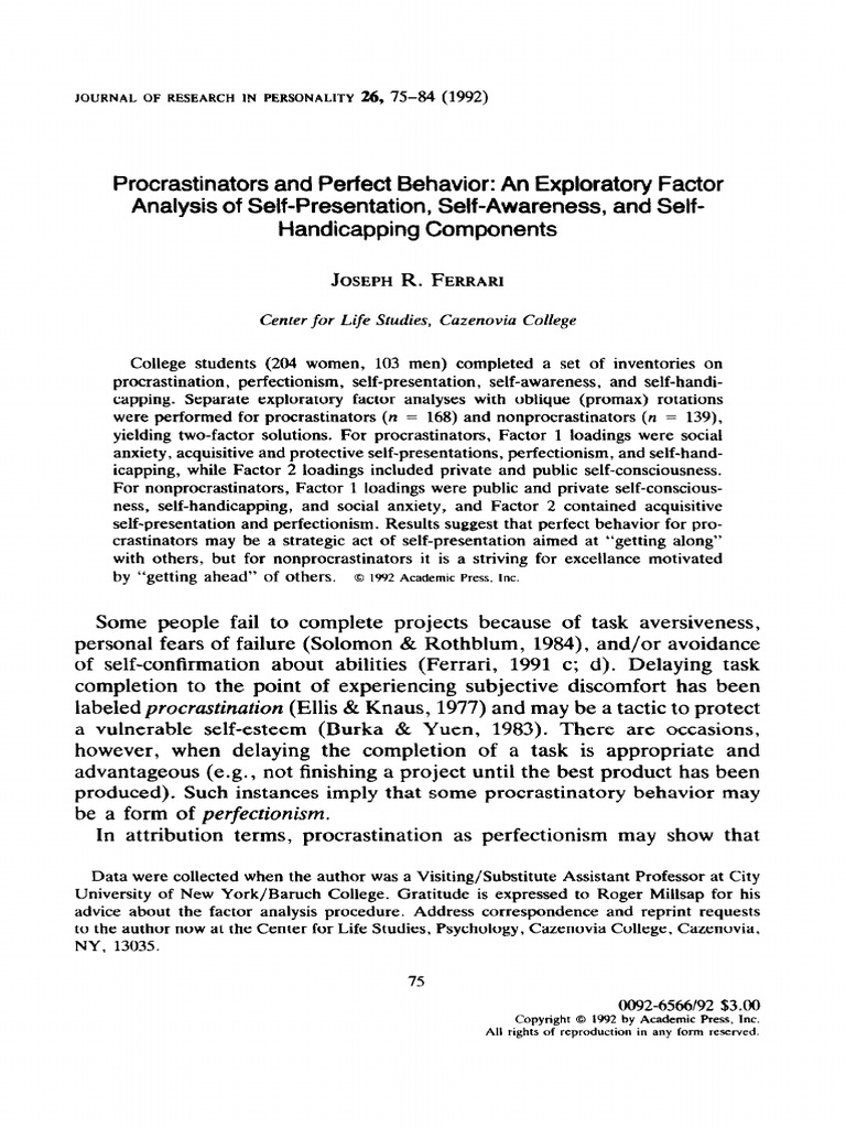 Procrastinators and Perfect Behavior: An Exploratory Factor Analysis of ...