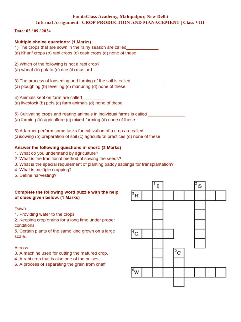 Class 08: Science: CHP 1 - CROP PRODUCTION AND MANAGEMENT | PDF