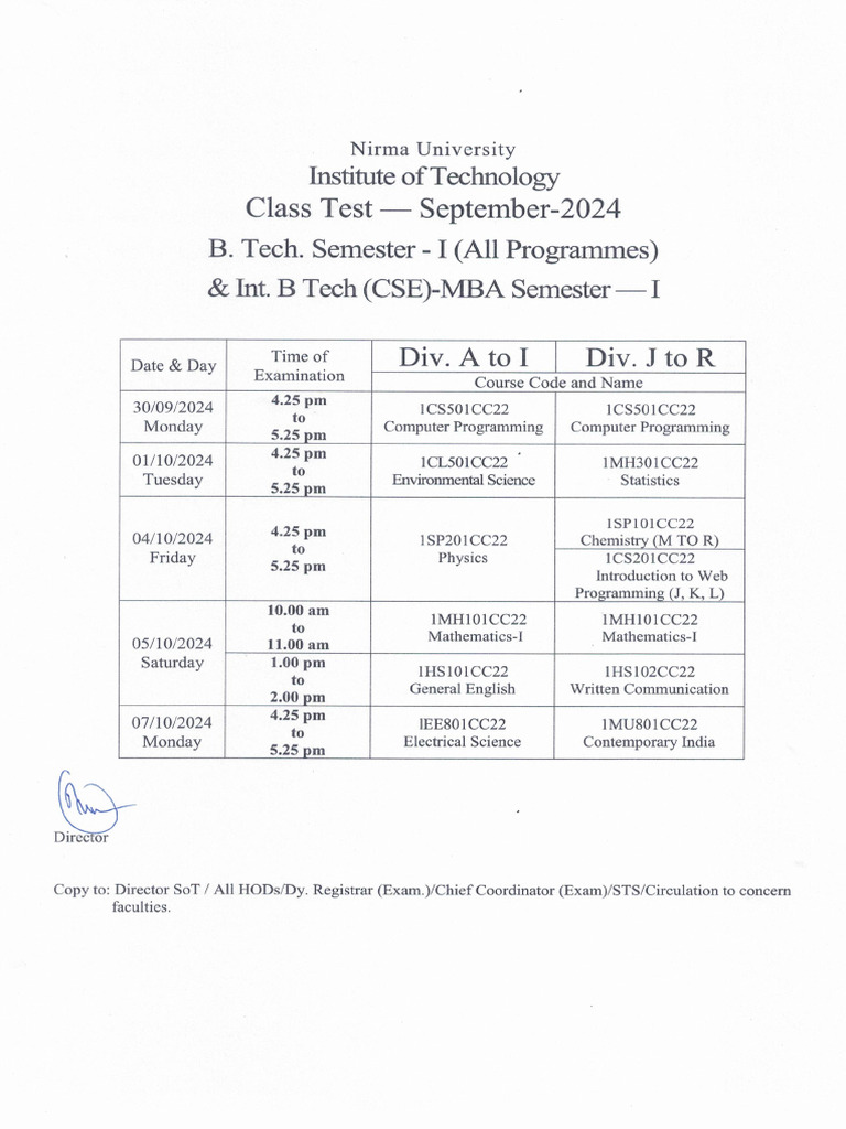 Schedule - Class Test of B Tech Semester - I - September - October 2024 ...