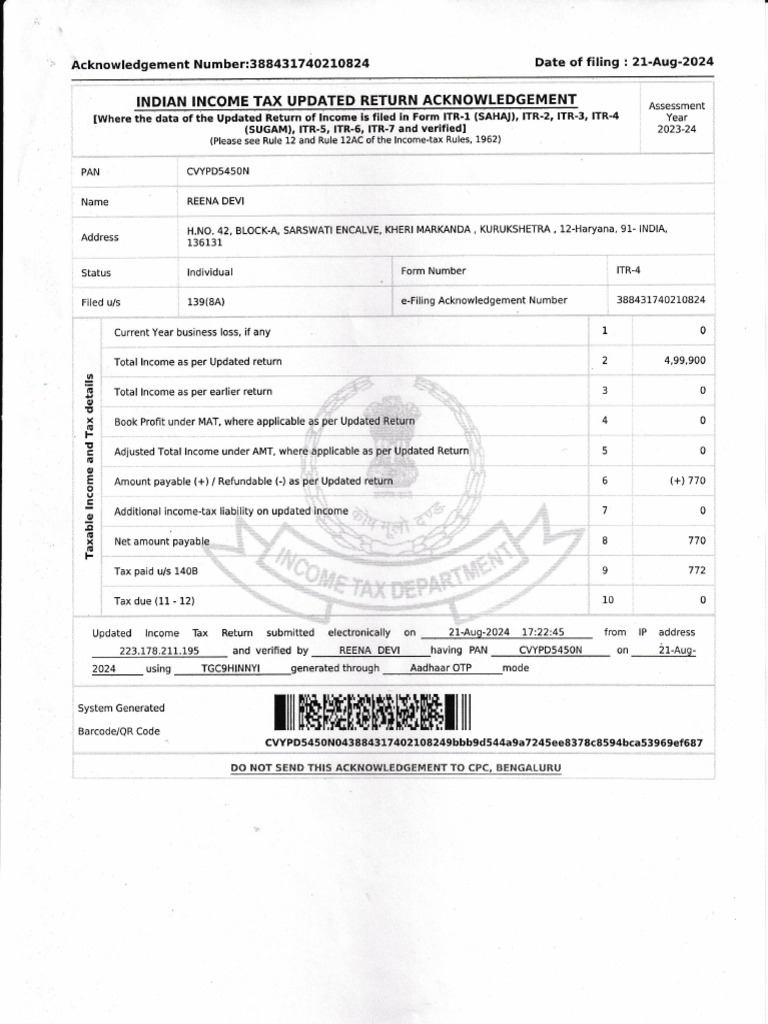 Reena Devi 2023-24 ITR | PDF