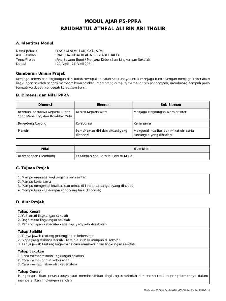 Modul Ajar P5-Ppra Raudhatul Athfal Ali Bin Abi Thalib | PDF