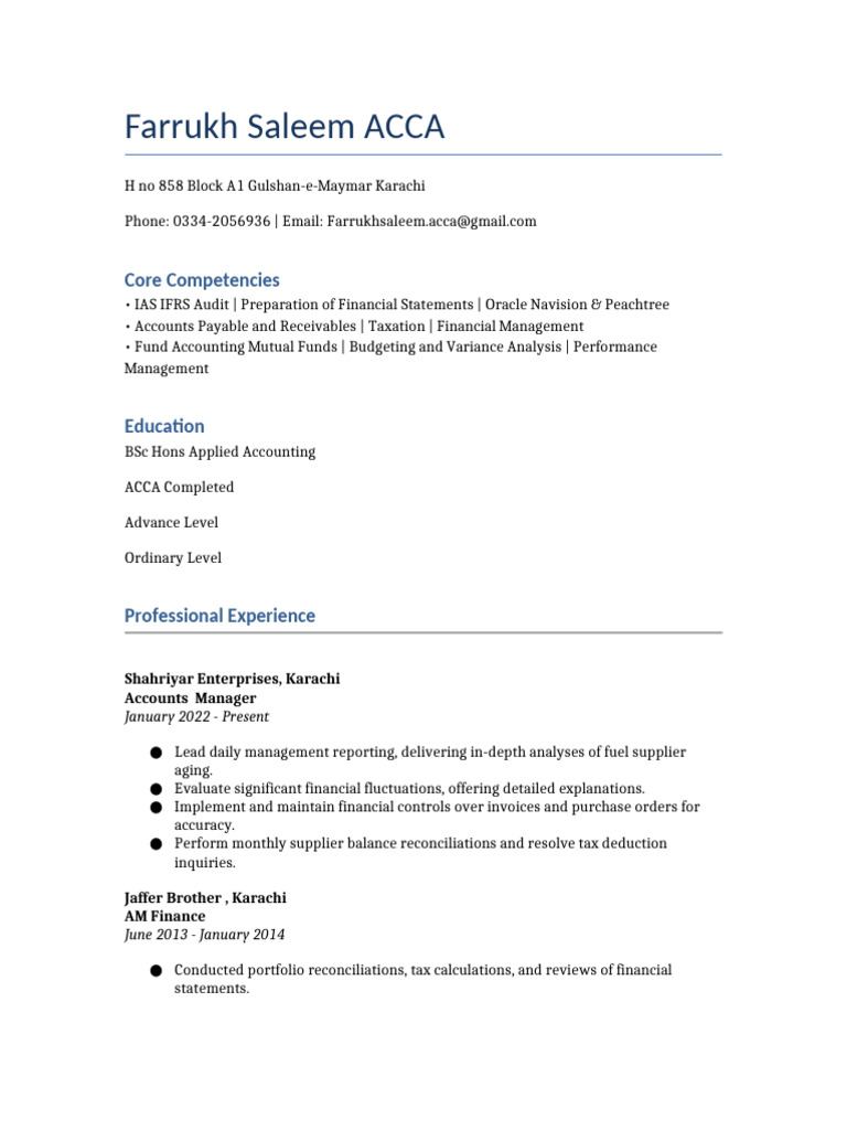 Farrukh Saleem ACCA Profile & Experience | PDF | Business | Finance ...