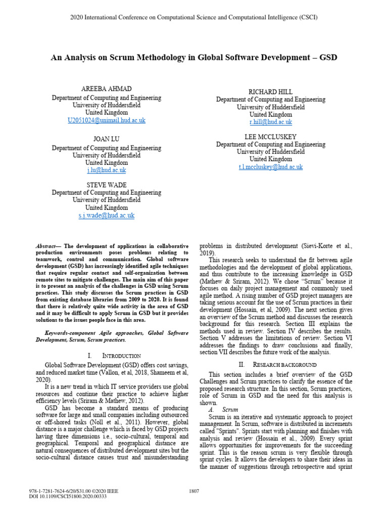 An Analysis On Scrum Methodology in Global Software Development GSD | PDF