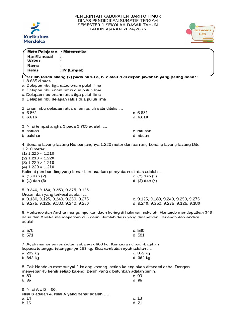 Soal Saja PTS STS Matematika Kelas 4 Semester 1 Kurikulum Merdeka T A 2023 2024 | PDF
