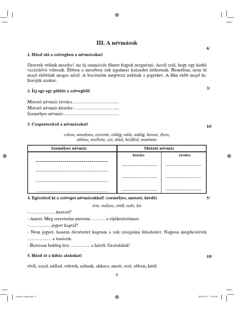 Nyelvtan felmérő - névmások 4. osztály | PDF
