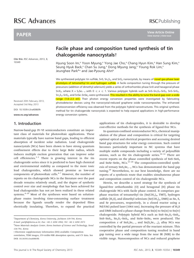 Facile Phase and Composition Tuned Synthesis of Tin Chalcogenide Nanocrystals | PDF