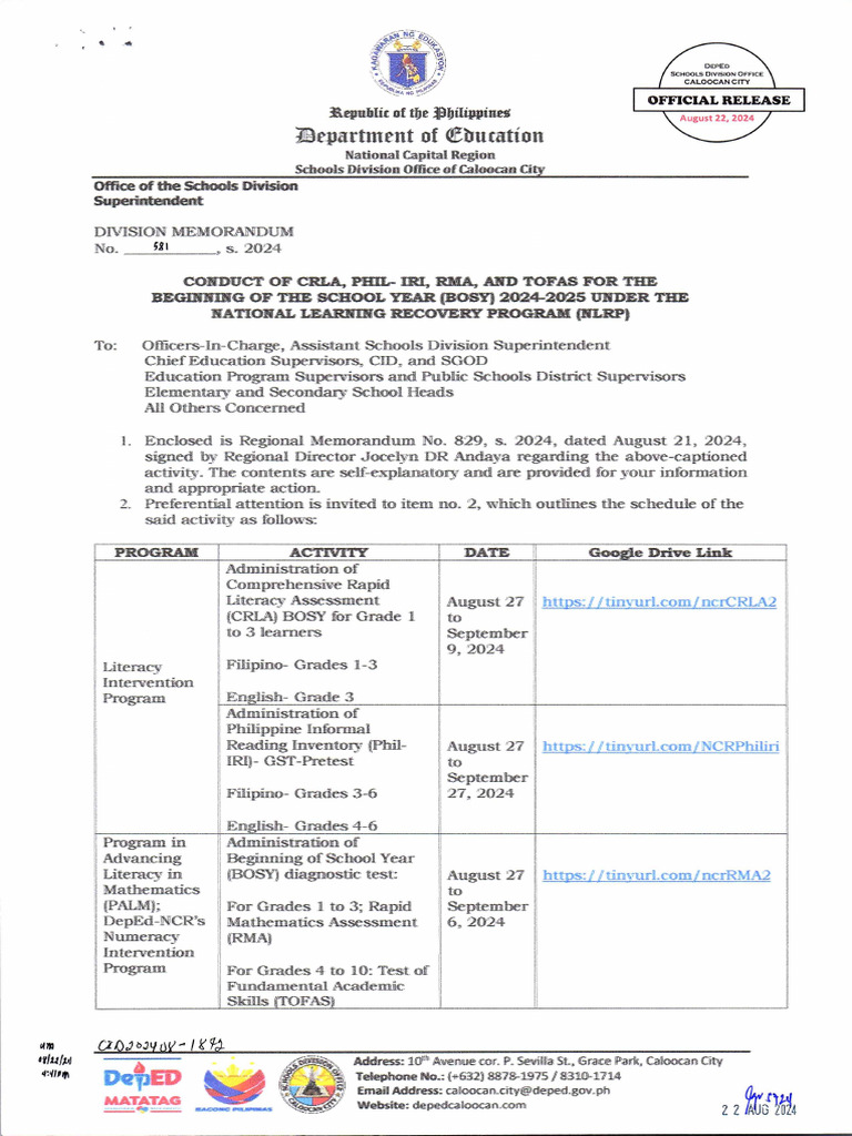 DM No. 581, S. 2024 - Conduct of CRLA, PHIL-IRI, RMA, and TOFAS For The Beginning of The School ...