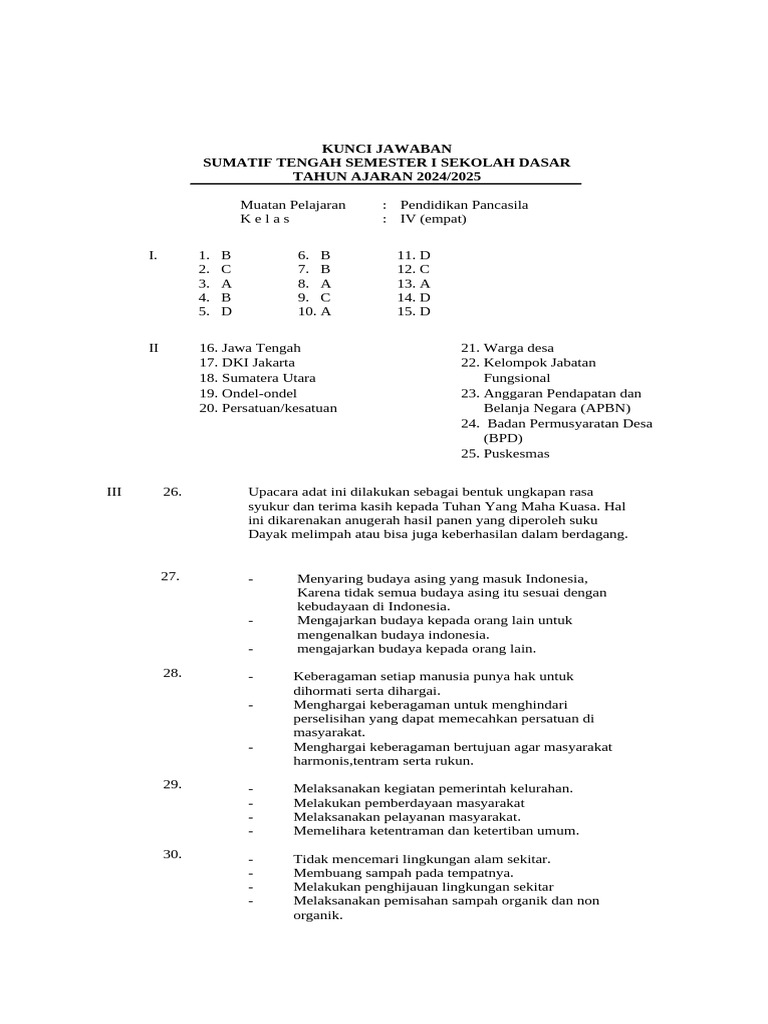 Kunci Jawaban Sts 1 Pendidikan Pancasila 2024-2025 | PDF