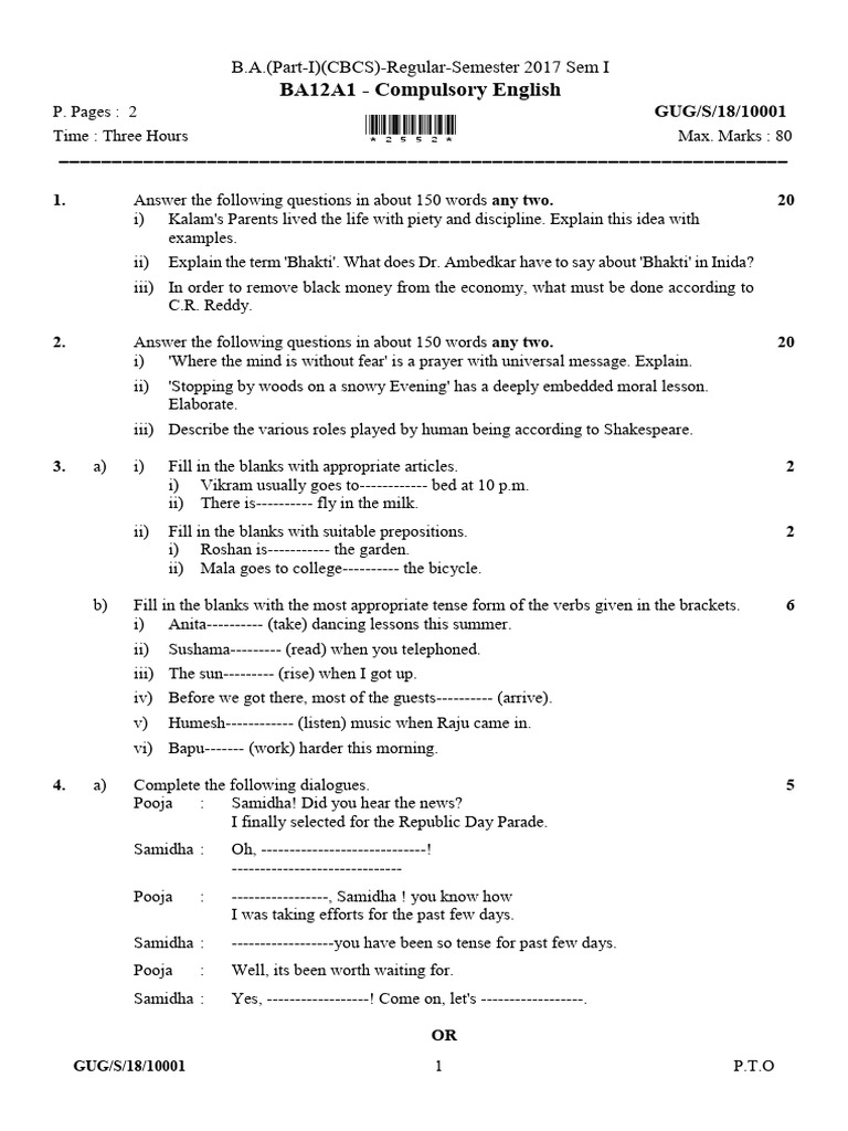 Ba 1 Sem Compulsory English 10001 Summer 2018 | PDF
