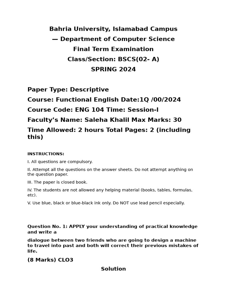 BSCS Eng Paper Solution | PDF