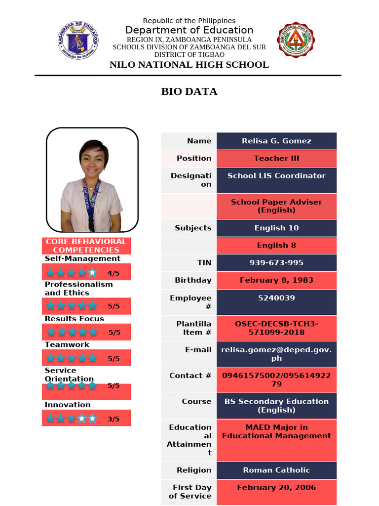 Bio Data - Nilo NHS Relisa Gomez | PDF