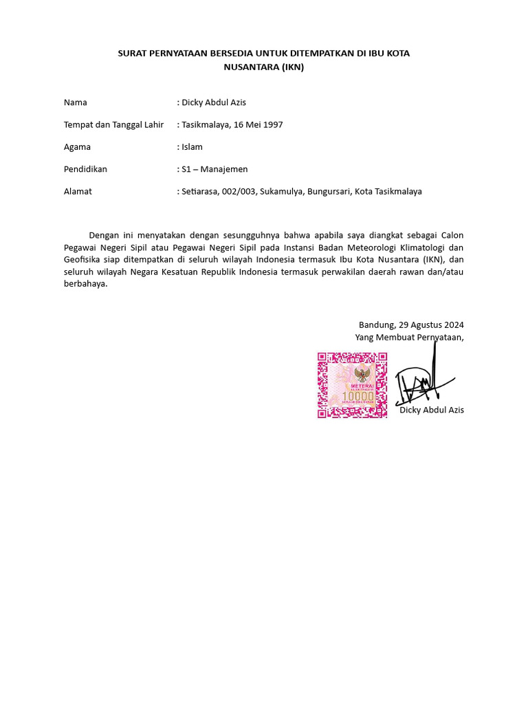 Surat Pernyataan Bersedia Untuk Ditempatkan Di Ikn | PDF