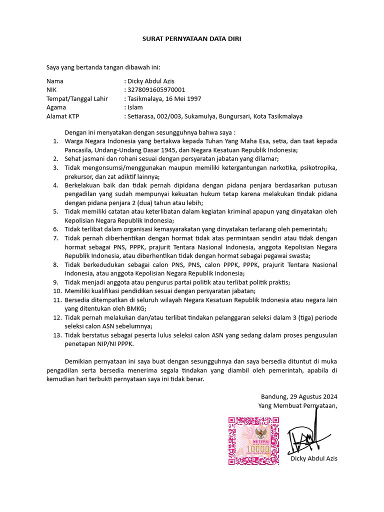 1. SURAT PERNYATAAN DATA DIRI | PDF