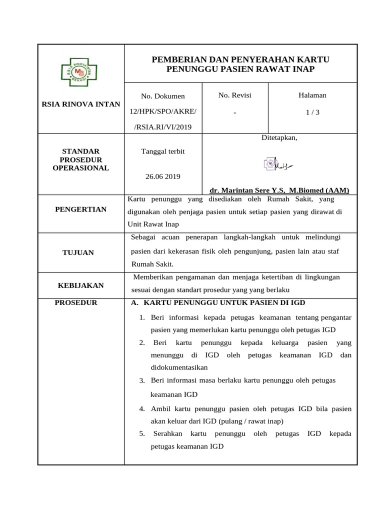 SPO Penyerahan Kartu Penunggu | PDF