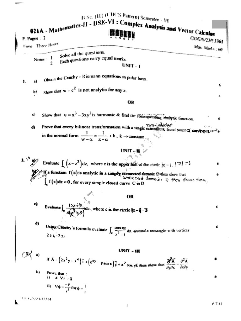 BSC 6 Sem Mathematics 2 Complex Analysis and Vector Calculus 13361 Summer 2023 | PDF
