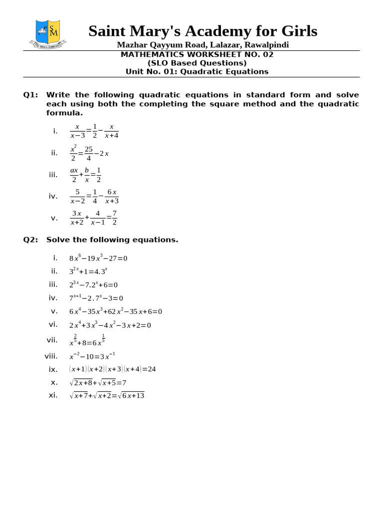 Math Worksheet No. 02 Unit 1 Class 10th - SLO | PDF