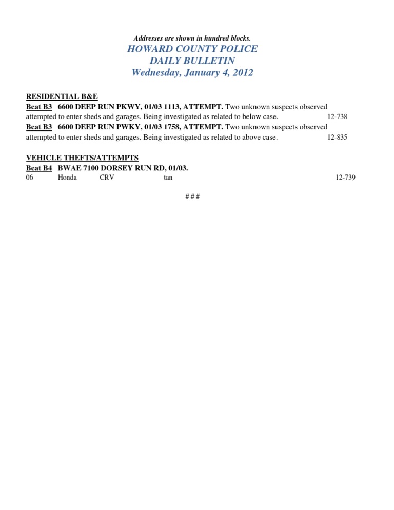Police Daily Crime Bulletin 20120104 | PDF