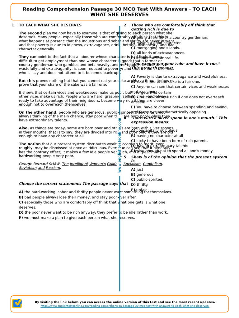 600 - Reading Comprehension Passage 30 MCQ Test With Answers To Each ...