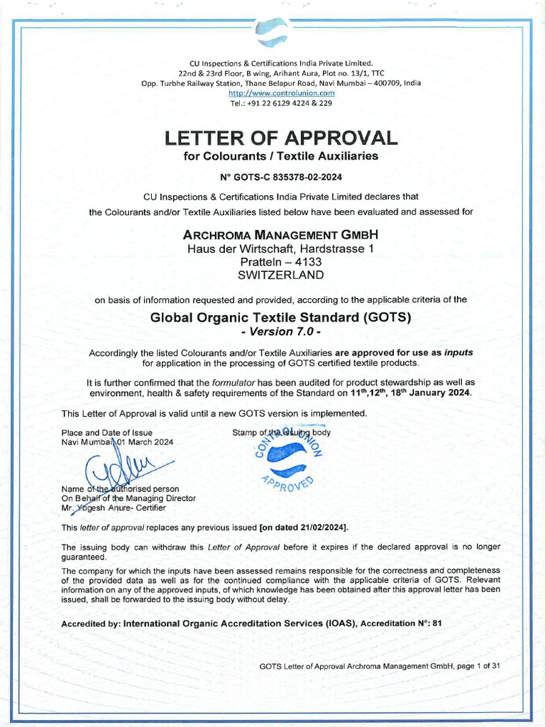 GOTS V7.0 Letter of Approval - Archroma Management GMBH FEB 2024 | PDF