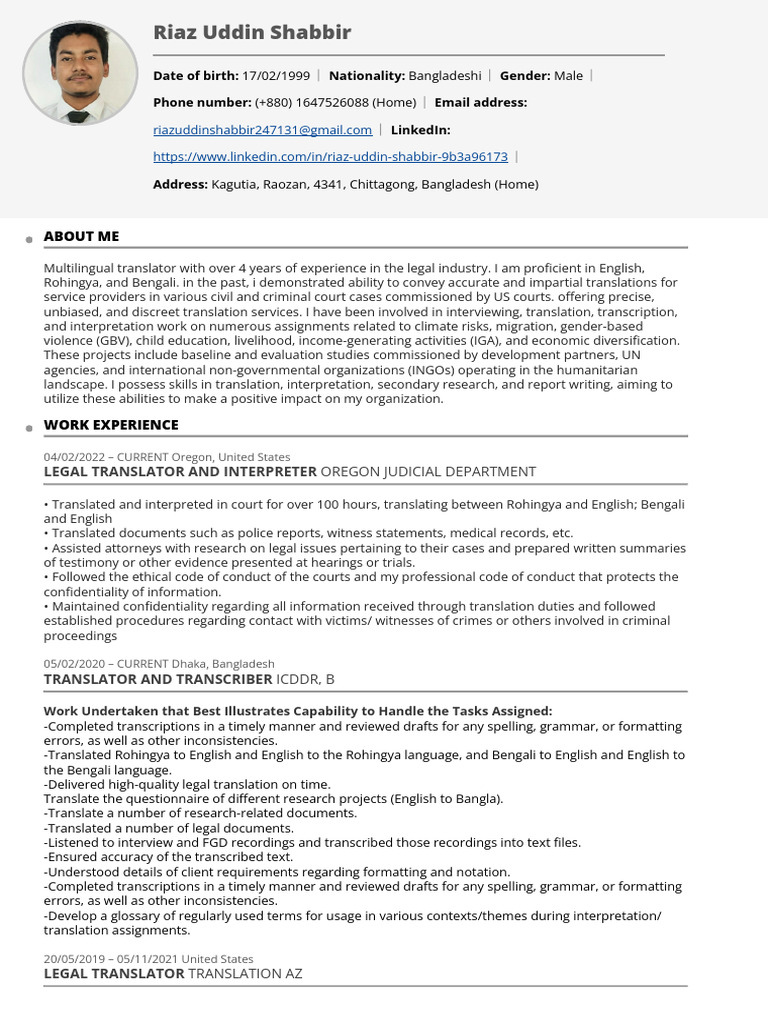 Riaz CV For Legal Translator Position | PDF