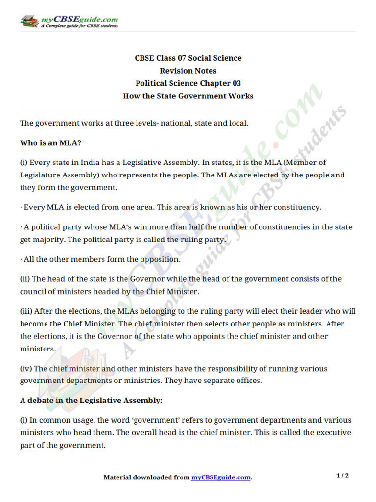 07 Social Science Civics Key Notes ch03 How The State Government Works ...