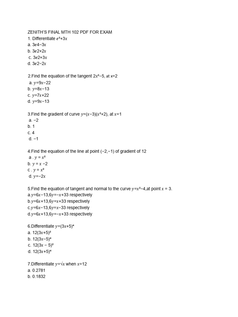 Zenith Mth 102 PDF for Exam | PDF