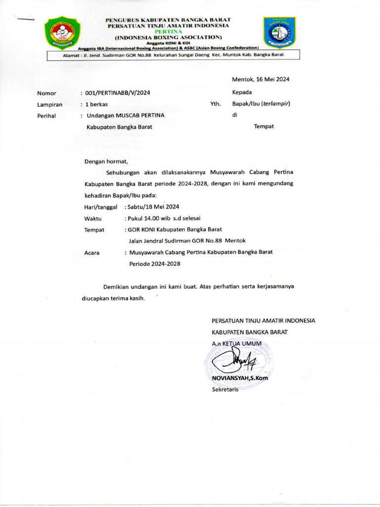Undangan Muscab Pertina Babar | PDF