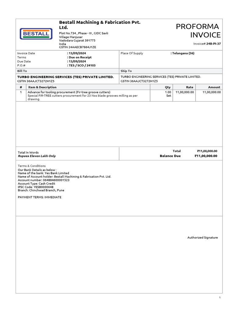 Proforma Invoice: Bestall Machining & Fabrication Pvt. LTD | PDF