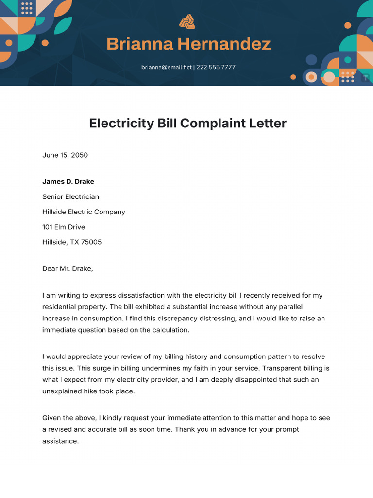 Electricity Bill Complaint Letter Template - Edit Online & Download ...