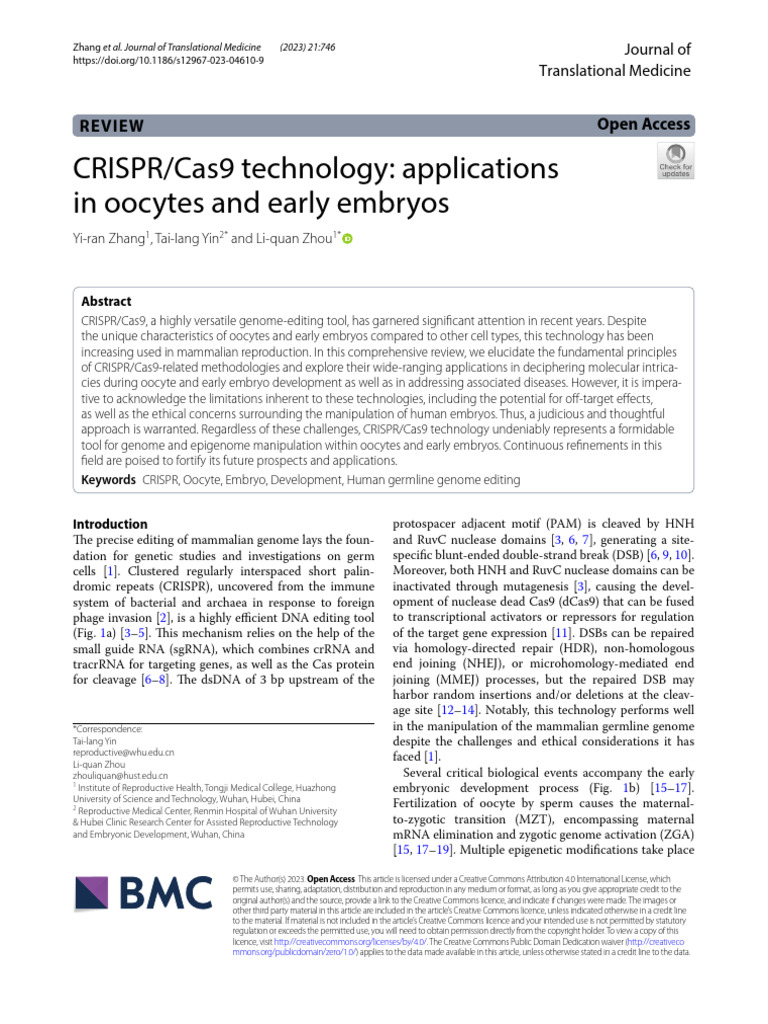 CRISPR/Cas9 Technology: Applications in Oocytes and Early Embryos | PDF