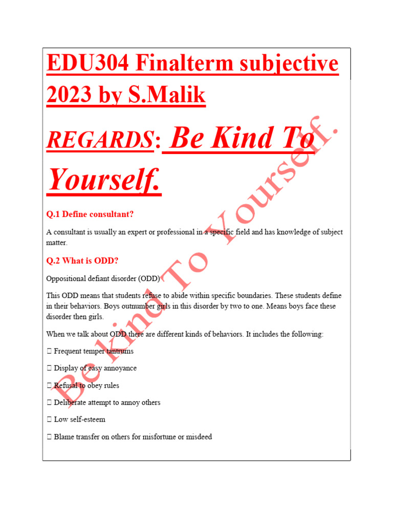 EDU304 Finalterm Subjective 2023 by S.Malik | PDF | Bullying | Mental Disorder