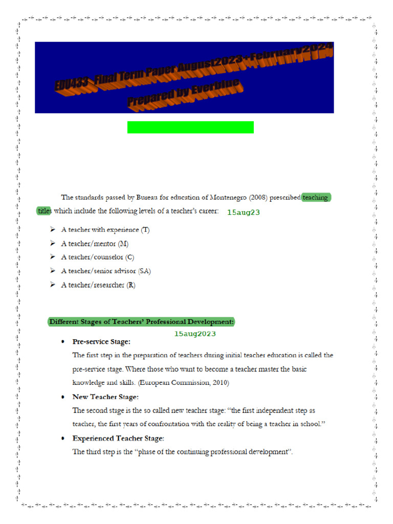 EDU433 Final Term 10 Paper 2023-2024 by Everblue 2024 | PDF | Teachers ...
