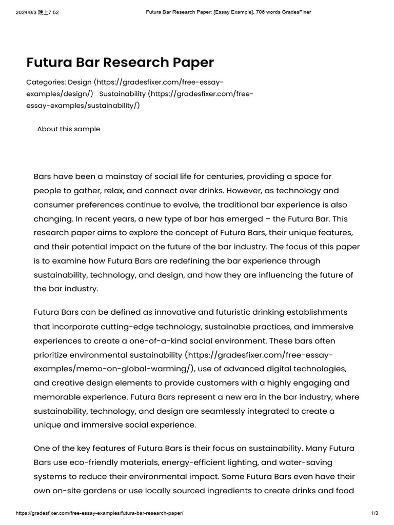 Futura Bar Research Paper - (Essay Example), 706 Words GradesFixer | PDF